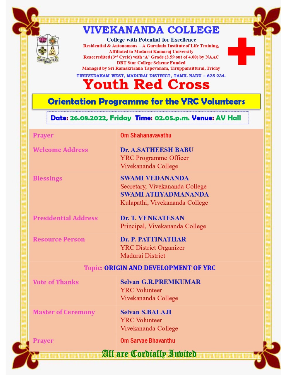 Orientation Programme for YRC Volunteers – Vivekananda College