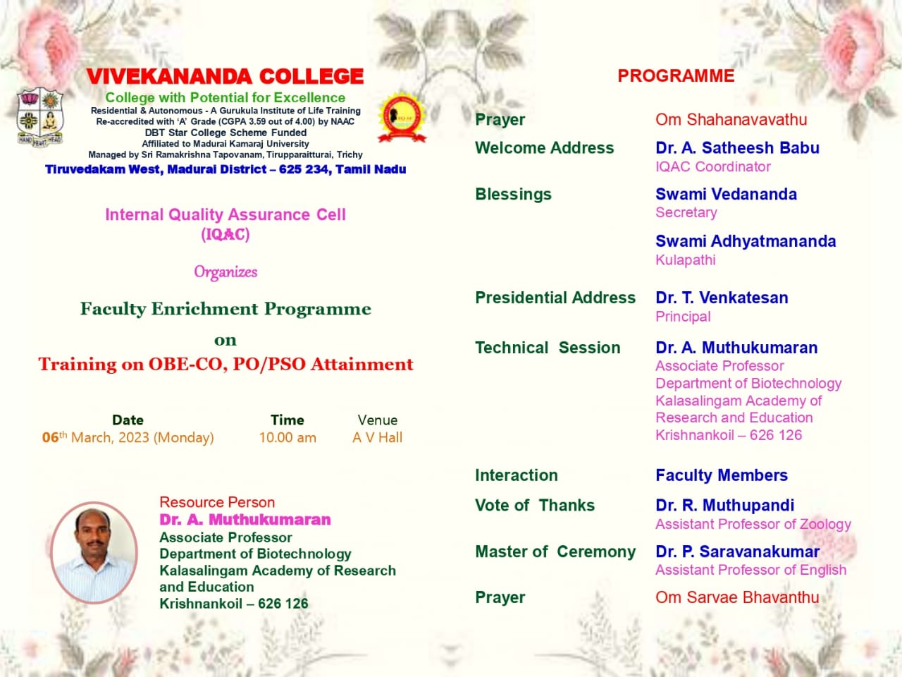 Training on OBE (CO, PO & PSO) Attainment – Vivekananda College
