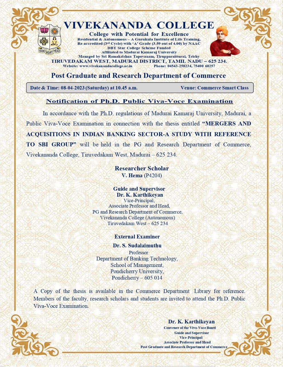 Ph.D. Viva Voce Examination – Vivekananda College Ph.D. Viva Voce Examination – Vivekananda College